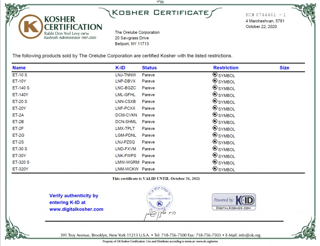 KOSHER CERTIFICATION - The Orelube Corporation