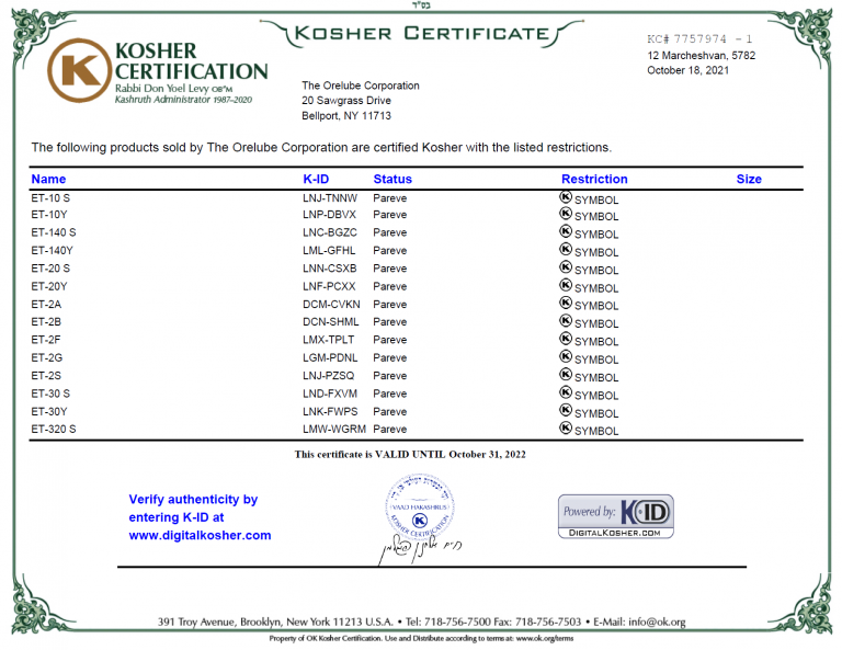 KOSHER CERTIFICATION - The Orelube Corporation