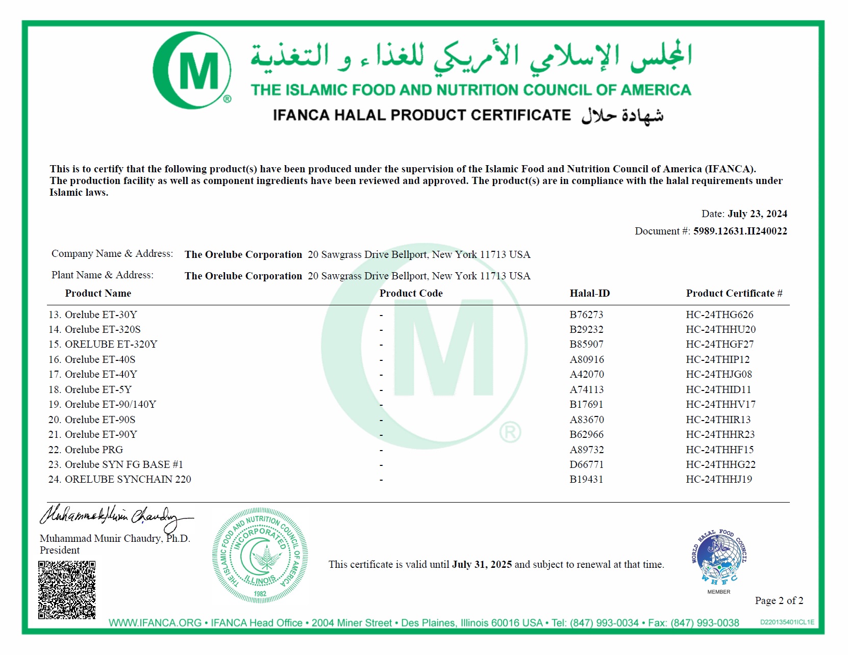 HALAL CERTIFICATION - The Orelube Corporation